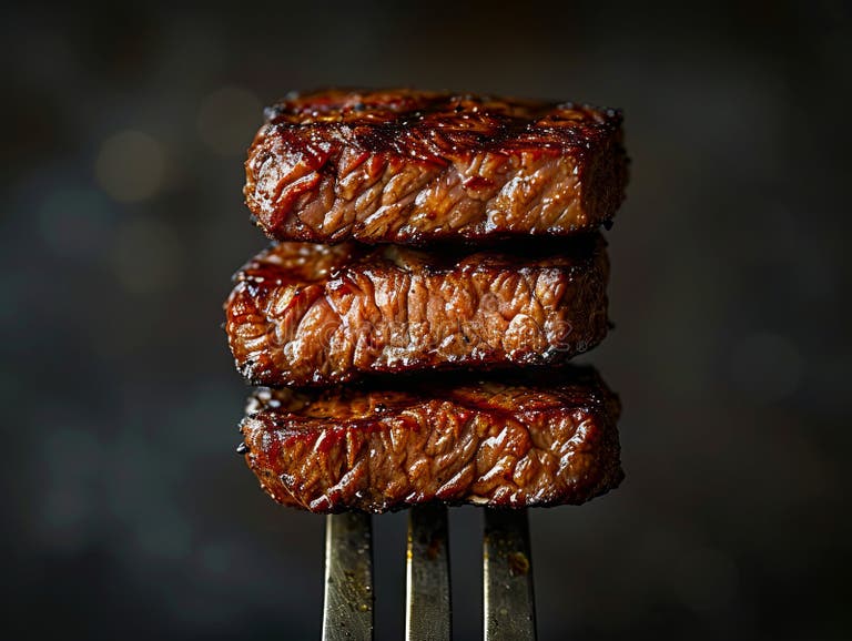 A Stack of Steak on a Fork on a Table Stock Image - Image of stacked ...