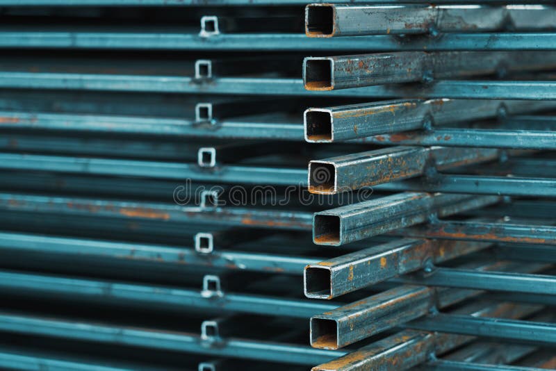A Stack of Steel Material at a Construction Site. Square Metal Profile ...