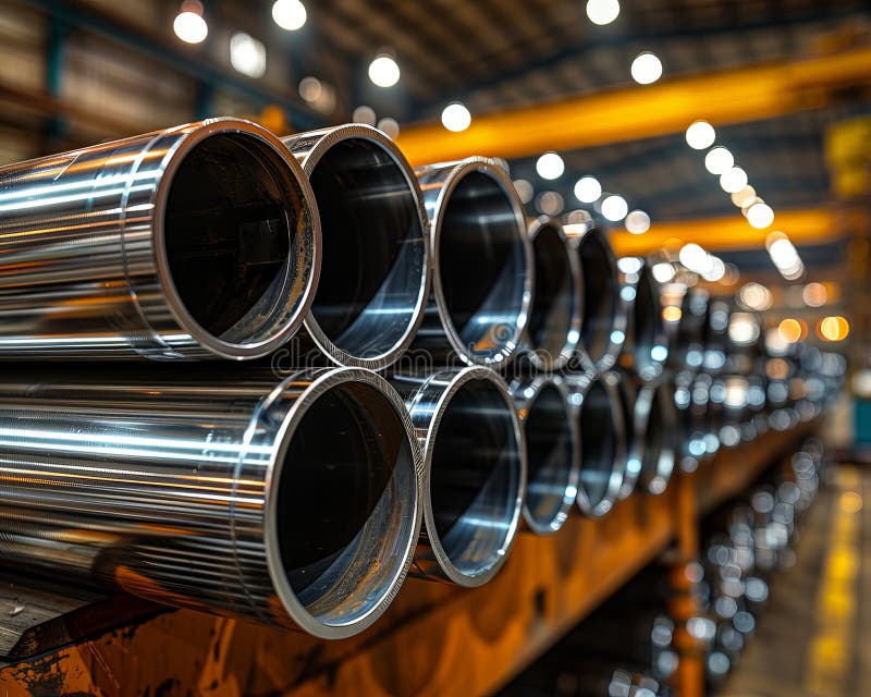 Stack of Steel Pipes Warehouse Blurred Background. Construction and ...