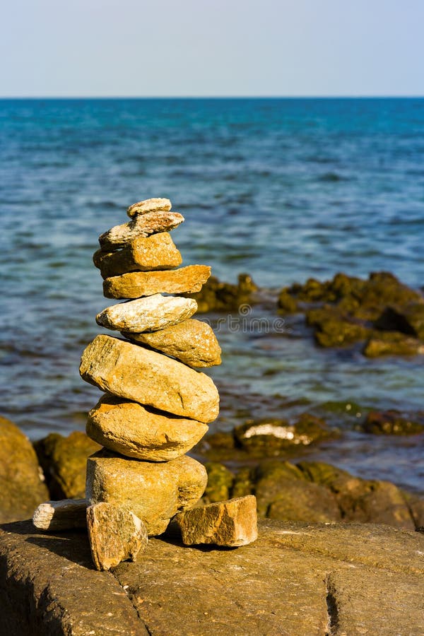 Stack Stone Balance with Ocean Skyline Stock Image - Image of balance ...