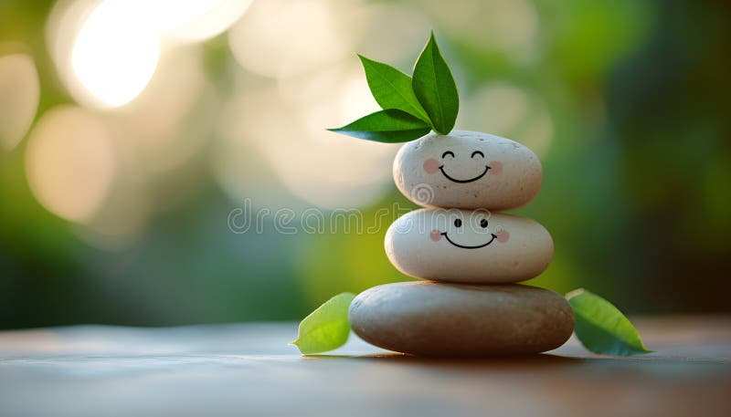 Stack of Stones with Drawn Happy Face and Green Leaves on Table Against ...