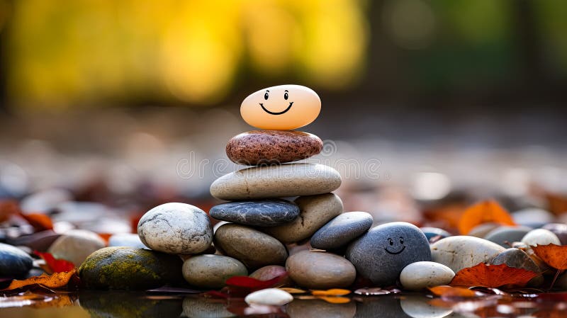 A Stack of Stones Featuring a Painted Happy Face Against a Nature ...