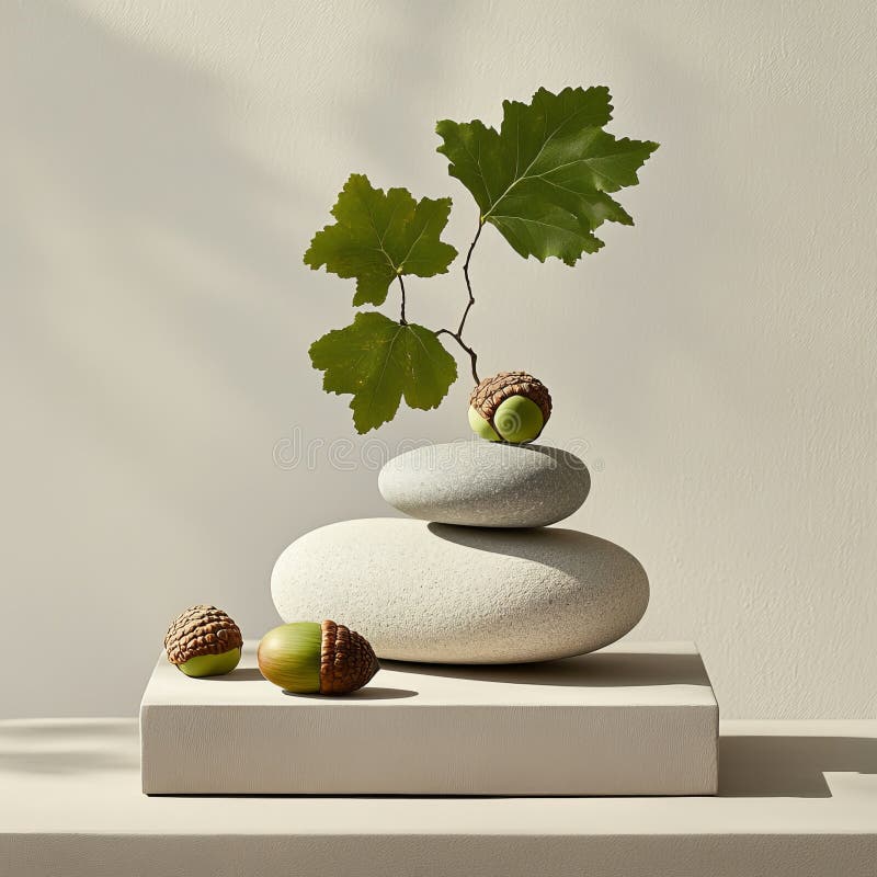Stack of Stones with Green Leaves and Acorns. 3d Render Stock ...
