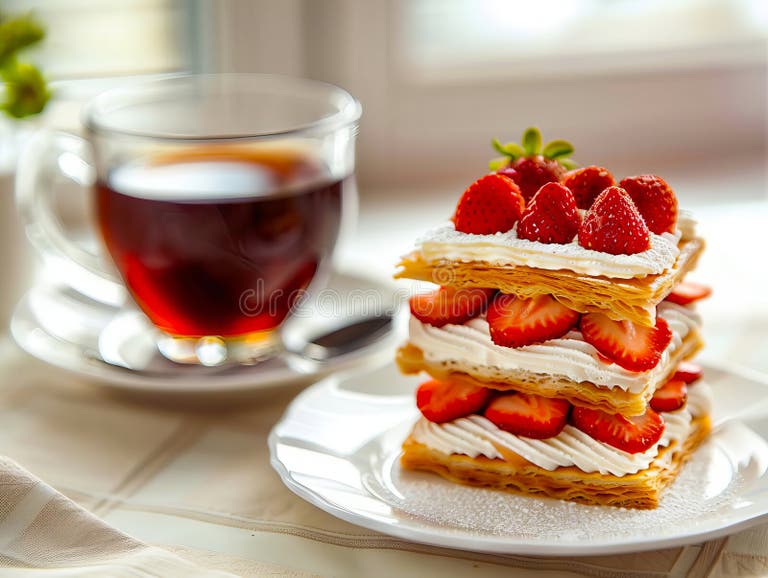 A Stack of Strawberry Shortcake on a Plate Next To a Cup of Tea Stock ...