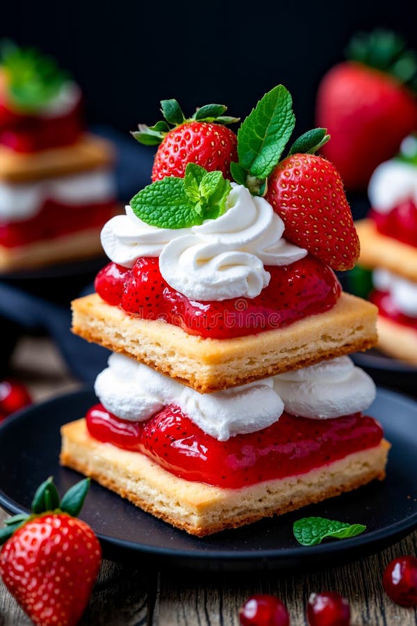 A Stack of Strawberry Shortcake Topped with Whipped Cream and Fresh ...