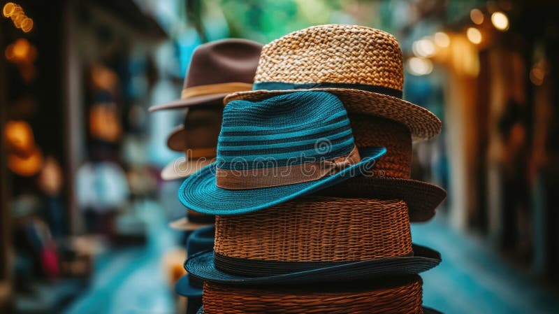 Stack of Stylish Woven Hats on Display in Vibrant Street Market Setting ...
