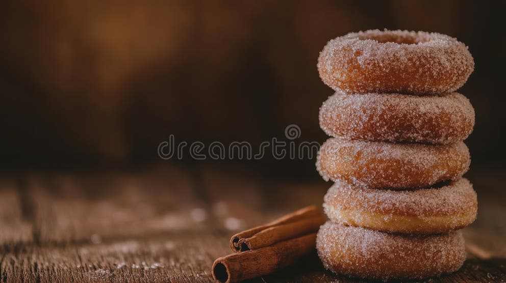 Stack of Sugar Coated Donuts with Cinnamon Sticks on Wooden Table, AI ...