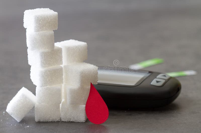 Stack of Sugar Cubes with Red Blood Drop and Glucometer, Diabetes ...