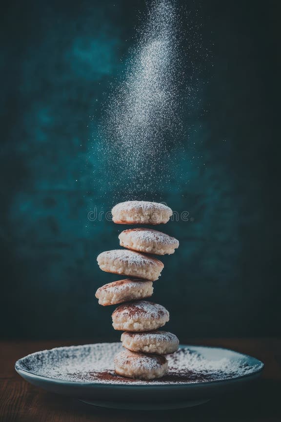 Stack of Sugar-Dusted Cookies on Plate with Falling Powdered Sugar ...