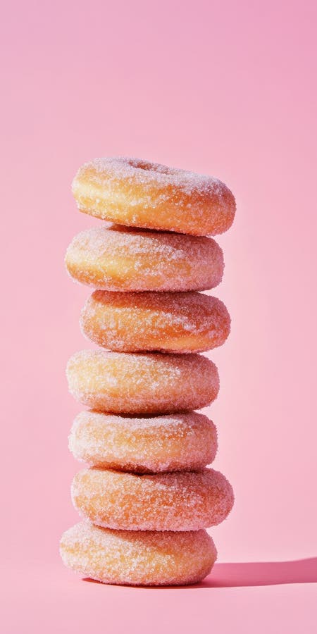 Stack of Sugary Donuts Arranged in a Tall Tower Against a Pastel Pink ...