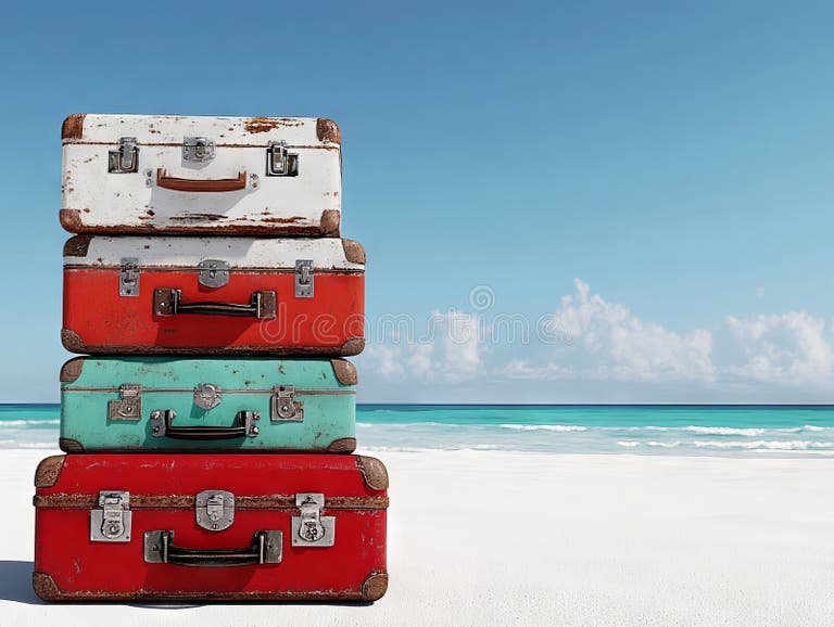 A Stack of Suitcases Sitting on Top of Each Other on a Beach Stock ...