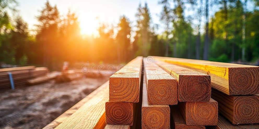 Stack of Sustainable Wooden Planks at Construction Site, Emphasizing ...
