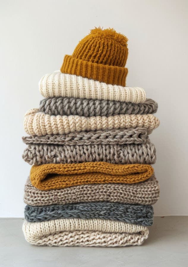 Stack of Sweaters and Hats stock image. Image of closet - 316052377