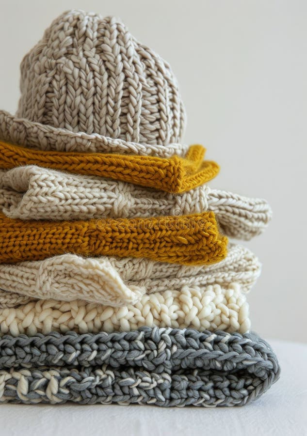 Stack of Sweaters and Hats stock photo. Image of clothing - 316052422