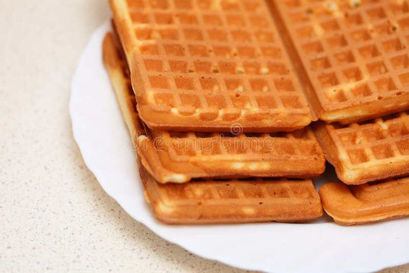 Stack of Sweet Belgian Waffles on Plate Stock Image - Image of golden ...