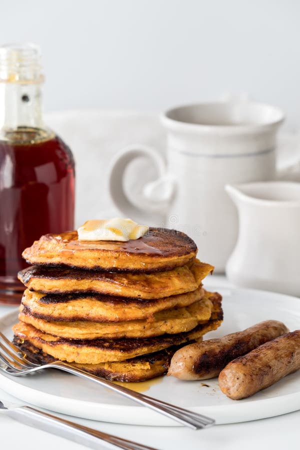 A Stack of Sweet Potato Pancakes with Sausages, Ready for Eating. Stock ...