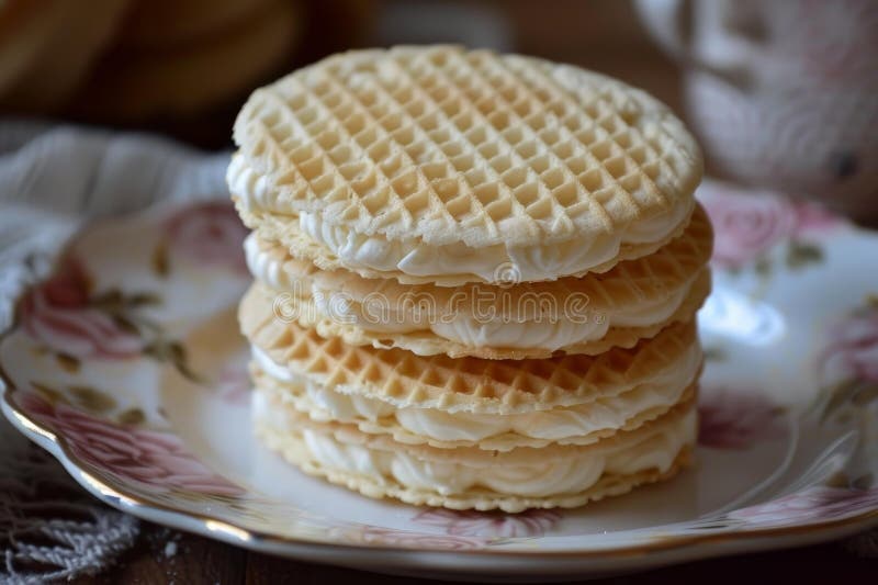 Stack of Sweet Waffle Cookies on Floral Plate Stock Illustration ...