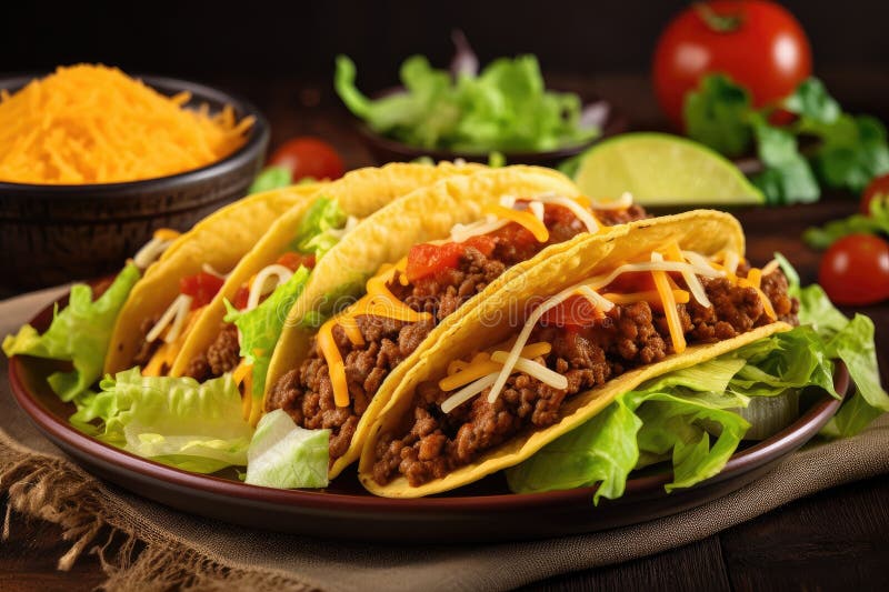 Stack of Tacos with Beef, Cheese, and Lettuce on Golden Plate Stock ...