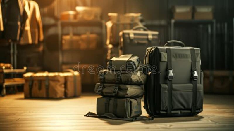 Stack of Tactical Backpacks in Warehouse Stock Illustration ...