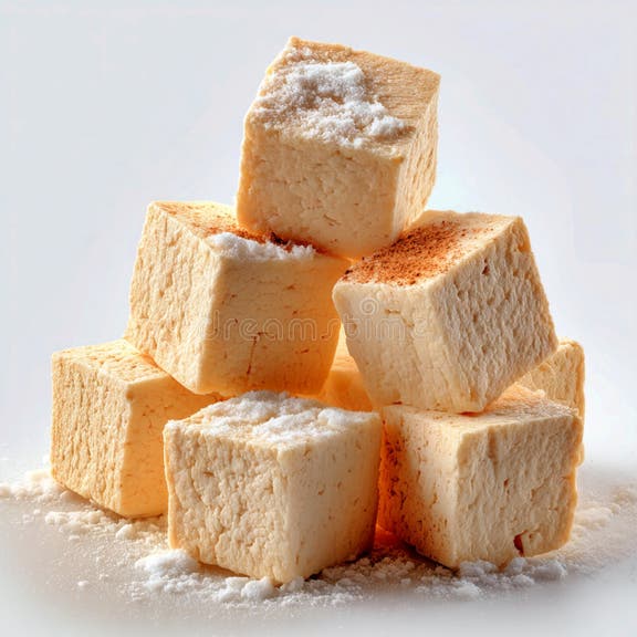 A Stack of Tan Colored Cube Shaped Marshmallows with White Powder Stock ...
