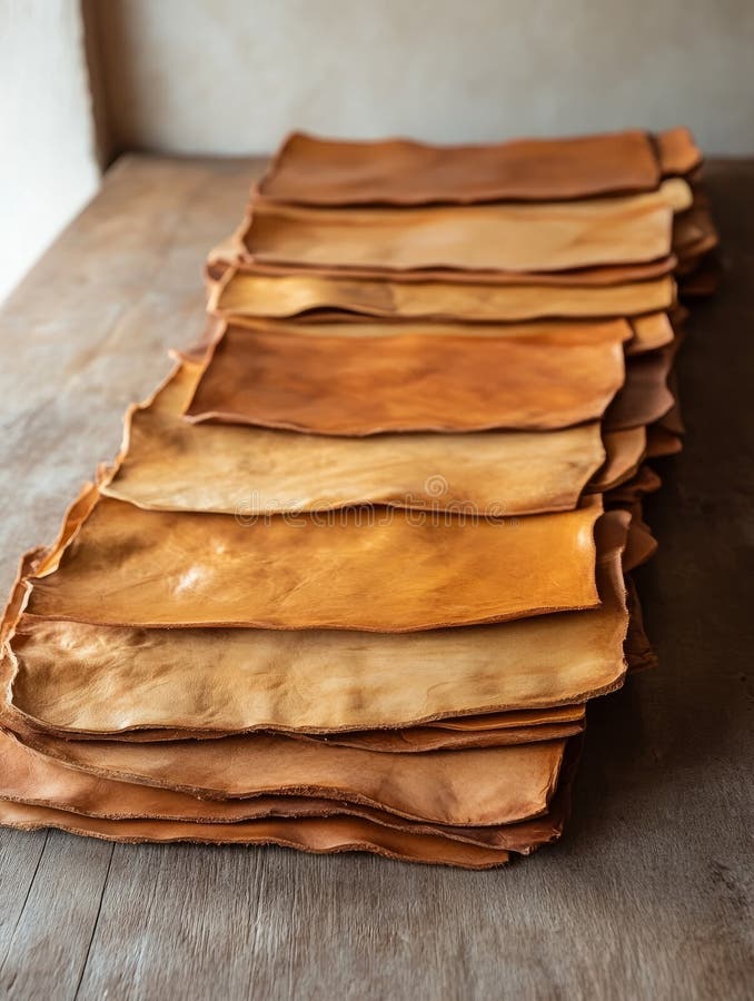 Stack of Tanned Leather Hides on a Wooden Table. Stock Photo - Image of ...