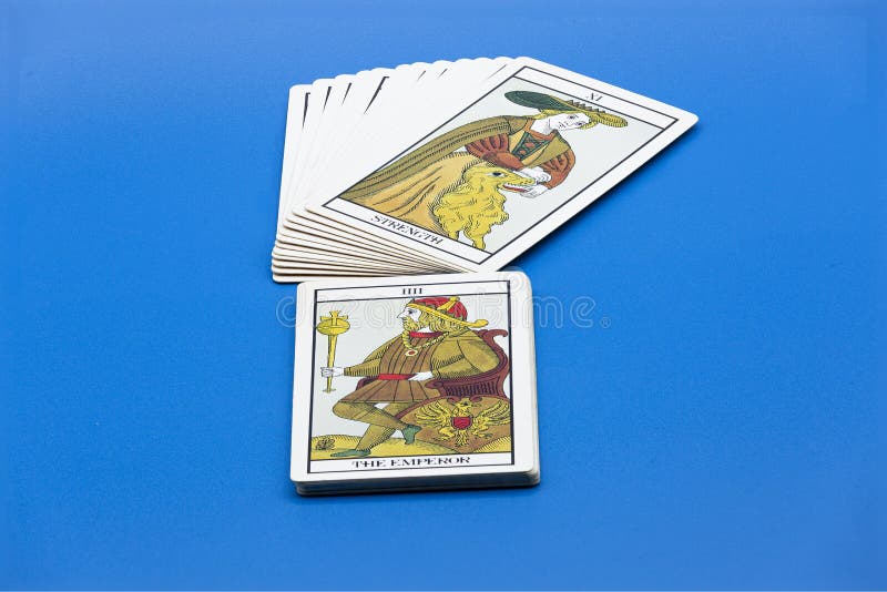 Stack of Tarot Cards on Blue Surface Stock Image - Image of emperor ...