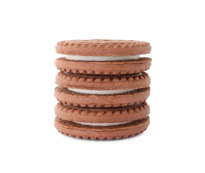 Stack of Tasty Chocolate Sandwich Cookies with Cream Isolated on White ...