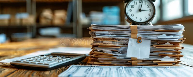 A Stack of Tax Documents Tagged with Urgent Deadlines a Calculator and ...