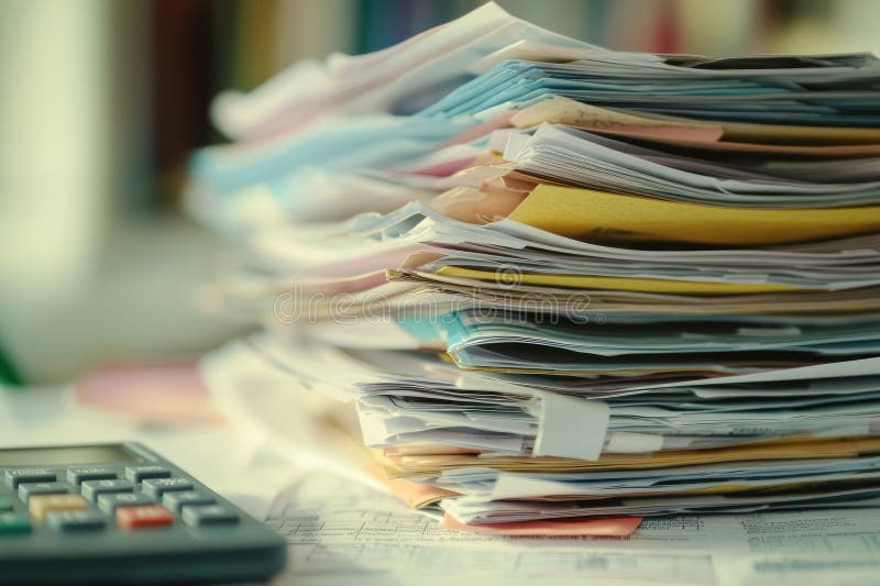 Stack of Tax Forms and Documents with Calculator on Desk Stock Image ...