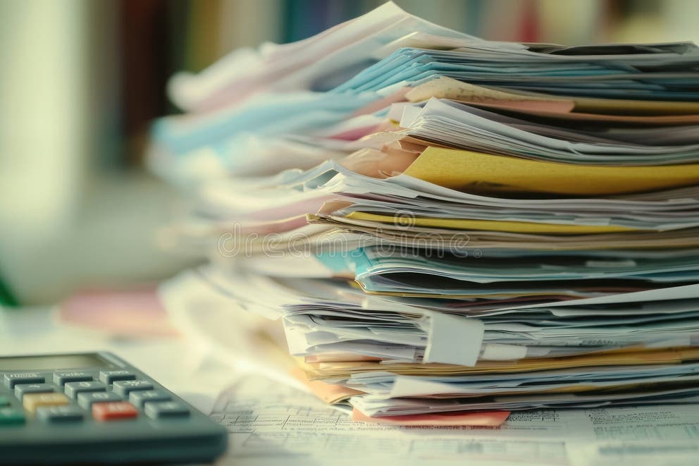 Stack of Tax Forms and Documents with Calculator on Desk Stock Image ...