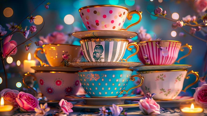 A Stack of Tea Cups with Candles on Top Stock Image - Image of ...
