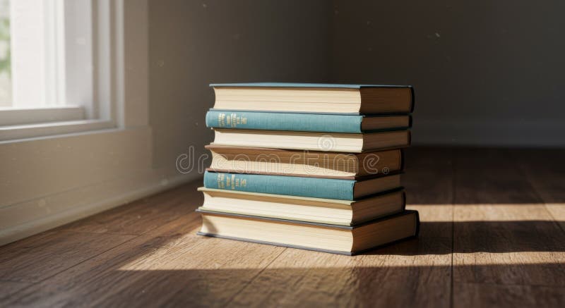 Stack of Teal Vintage Books on Wooden Floor in Sunlight Stock ...