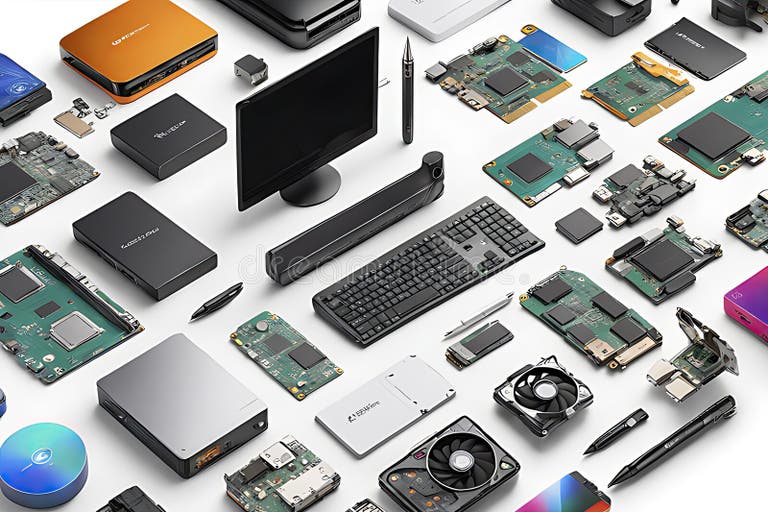 A stack of tech gadgets stock illustration. Illustration of notebook ...