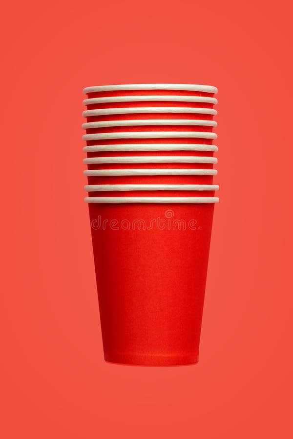 Stack of Ten Red Paper Eco-friendly Cups on Red Background. Empty Space ...