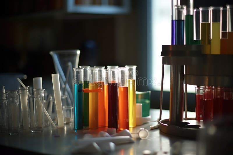 Stack of Test Tubes and Beakers on a Science Lab Bench Stock ...