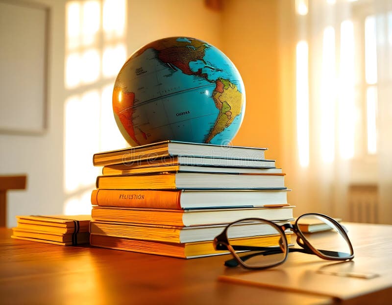 Stack of Textbooks, Globe, and Glasses on Wooden Desk Symbolizing ...