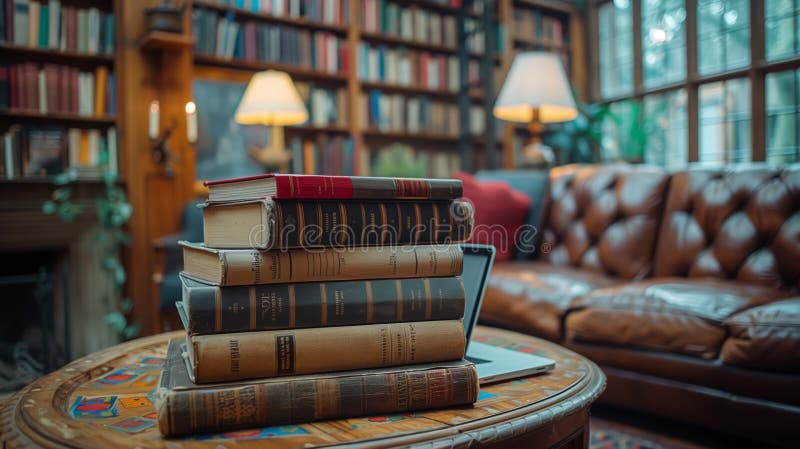 Stack of Textbooks and Laptop on a Wooden Table in a Library Stock ...