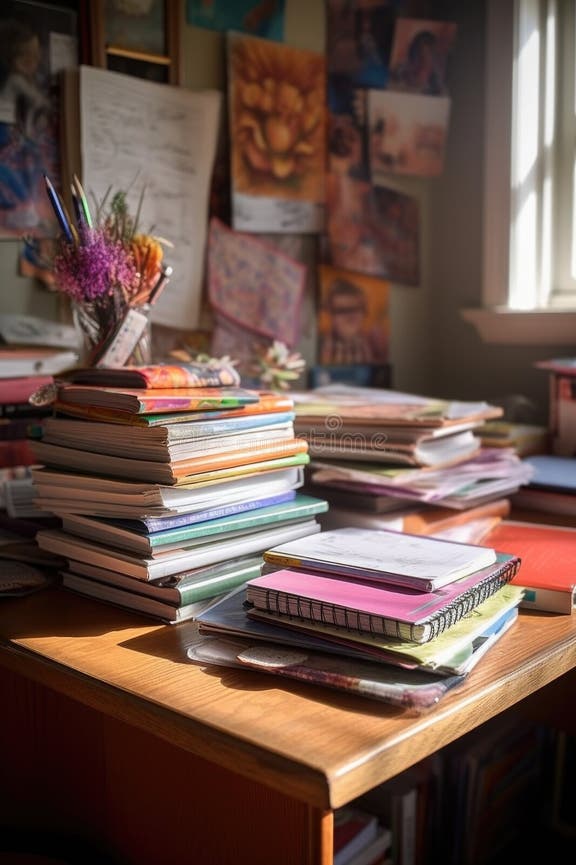Stack of Textbooks and Lesson Planner on Desk Stock Illustration ...