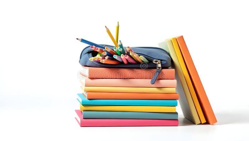 A Stack of Textbooks with a Pencil Case on Top, Isolated on a Clean ...