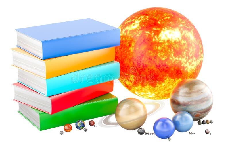 Stack of Textbooks with Planets of Solar System and Satellites. 3D ...