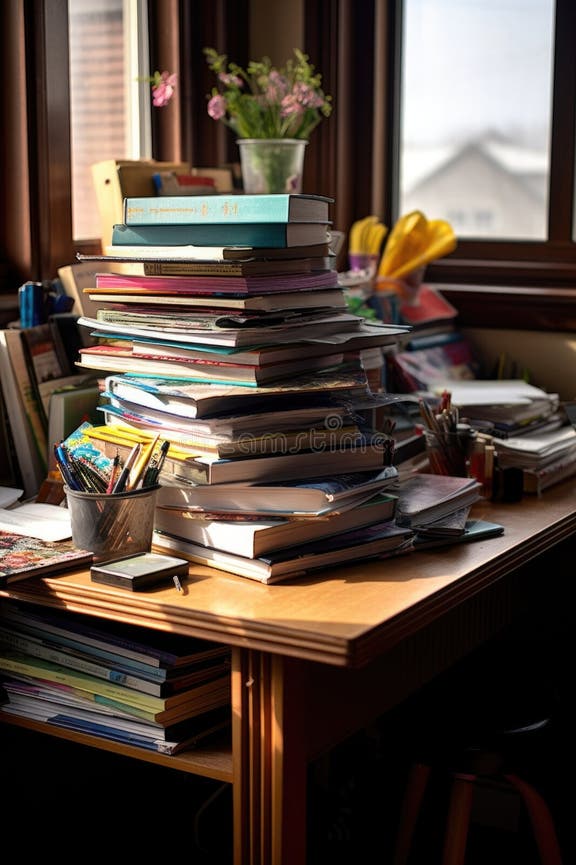 Stack of Textbooks on a Study Desk Stock Illustration - Illustration of ...