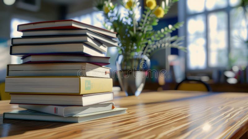 A Stack of Textbooks on a Wooden Classroom Desk, Ready for Use Stock ...
