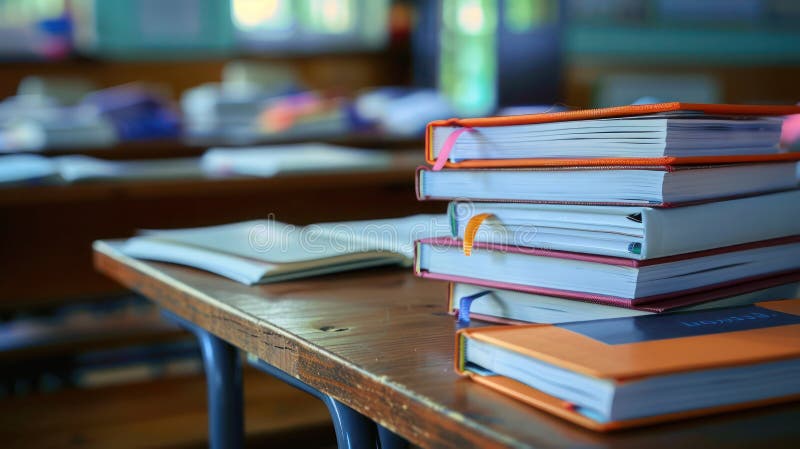 A Stack of Textbooks on a Wooden Classroom Desk, Ready for Use Stock ...