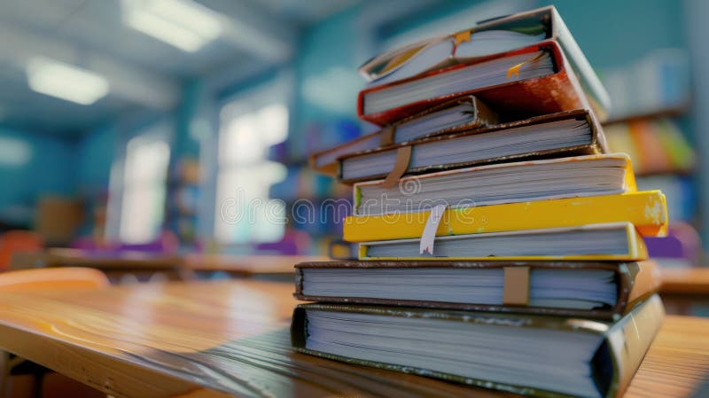 A Stack of Textbooks on a Wooden Classroom Desk, Ready for Use Stock ...