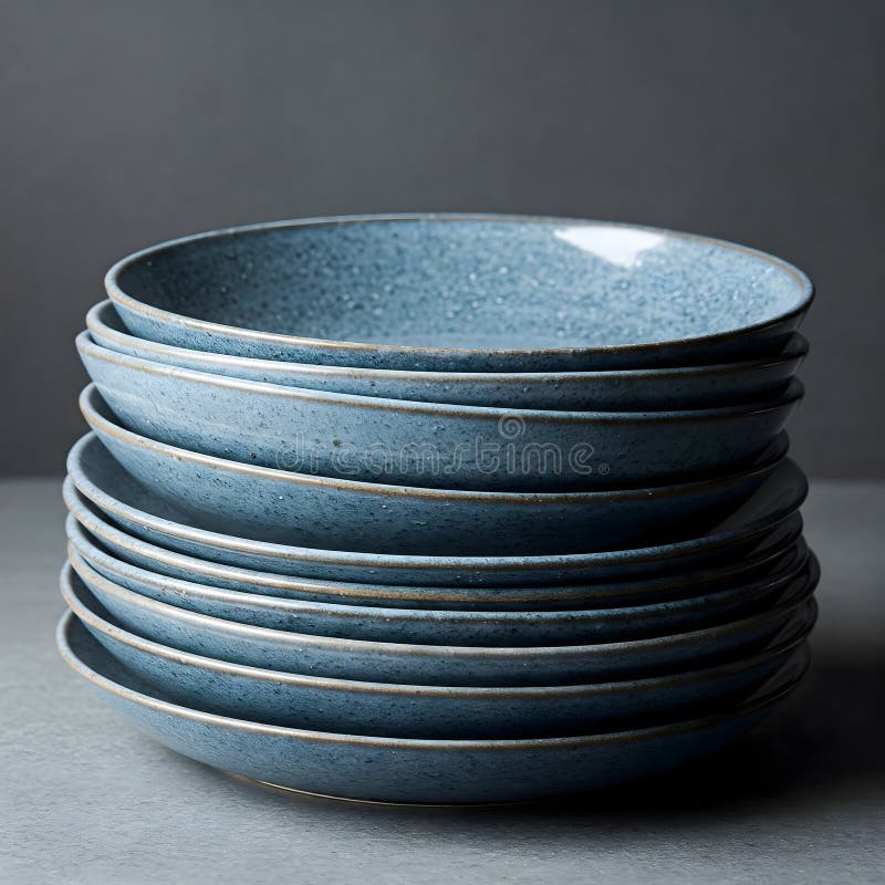 Stack of Textured Blue Ceramic Plates with a Subtle Rim Detail Stock ...