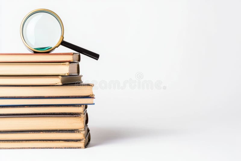 A Stack of Thick Encyclopedias with a Magnifying Glass on Top ...