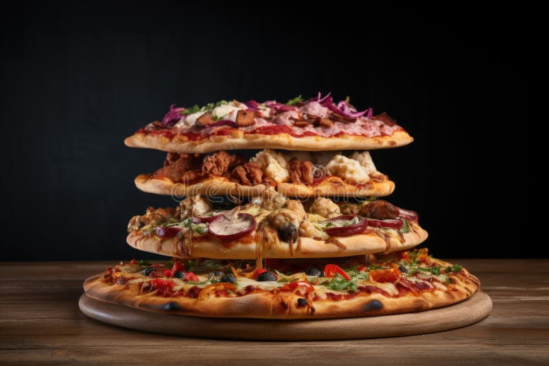 Stack of Thin-crust Pizzas with Various Toppings, Each Pizza ...