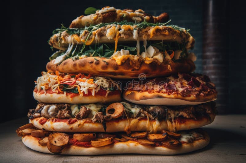 Stack of Thin-crust Pizzas with Various Toppings, Each Pizza ...
