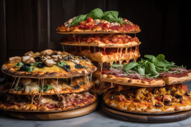 Stack of Thin-crust Pizzas with Various Toppings, Each Pizza ...