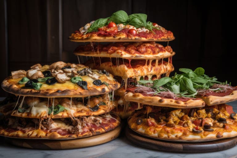 Stack of Thin-crust Pizzas with Various Toppings, Each Pizza ...